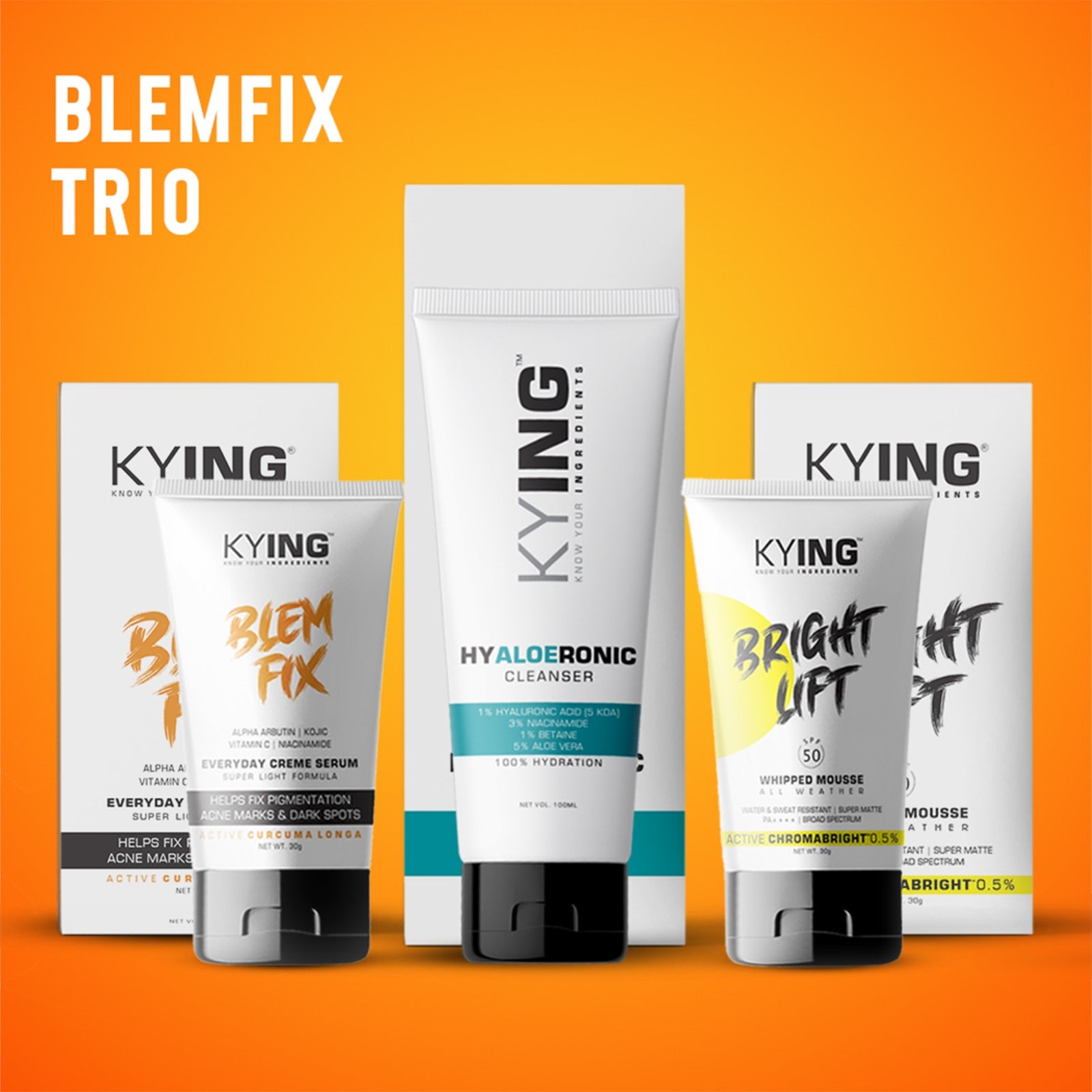 KYING's Blemfix Trio: Hyaloeronic Cleanser, Blemish Fix and Bright Lift Kit